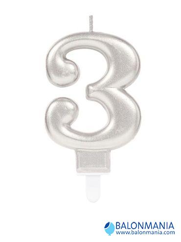 Rođendanska svjećica broj 3 SILVER - Baloni za rođendan